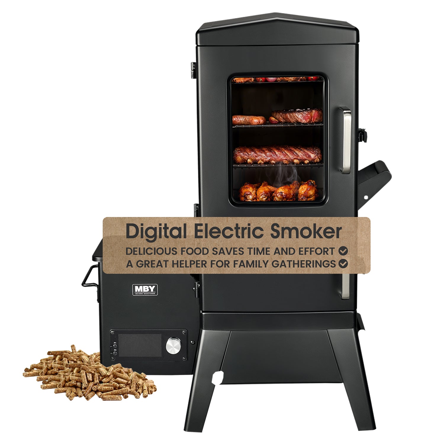 Vertical Electric Pellet Smoker with Cover & Meat Probe, 4-Rack Digita ...